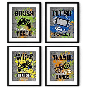 FALJIOK Watercolor Game Bathroom Wall Decor Art Prints，Set of 4 (8"x10")， Colorful Trendy Game Bathroom Themed Wall Decor，Funny Game Gift for Boys Brother Son Grandson, Unframed
