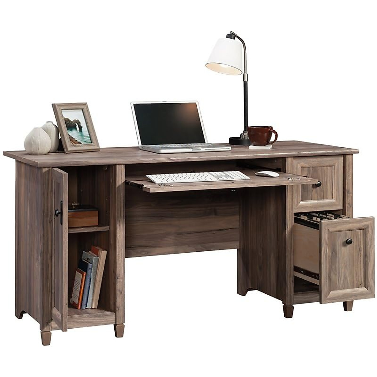 Sauder Edge Water Home Office Computer Desk with Storage, Washed Walnut Finish