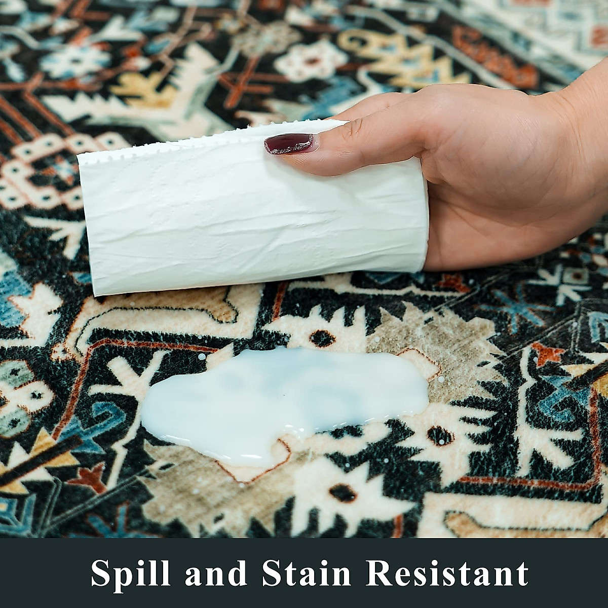 Washable Living Room Area Rug - 8x10 Large Bedroom Rug Distressed Oriental Non-Slip Non-Shedding Print Floor Carpet for Dining Room Kitchen (Black, 8 x 10)