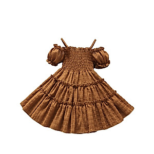 Verdusa Toddler Girl's Cold Shoulder Puff Sleeve Shirred Swing A Line Dress Brown 110