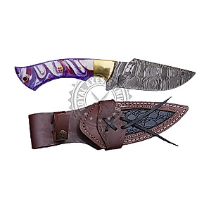 NA-1 Royal Knife Custom Hand Made Damascus Steel Bowie Knife With Multi Purple Resin Handle Material Hand Made Fixed Blade Survival Knife With Leather Sheath (R K 002)