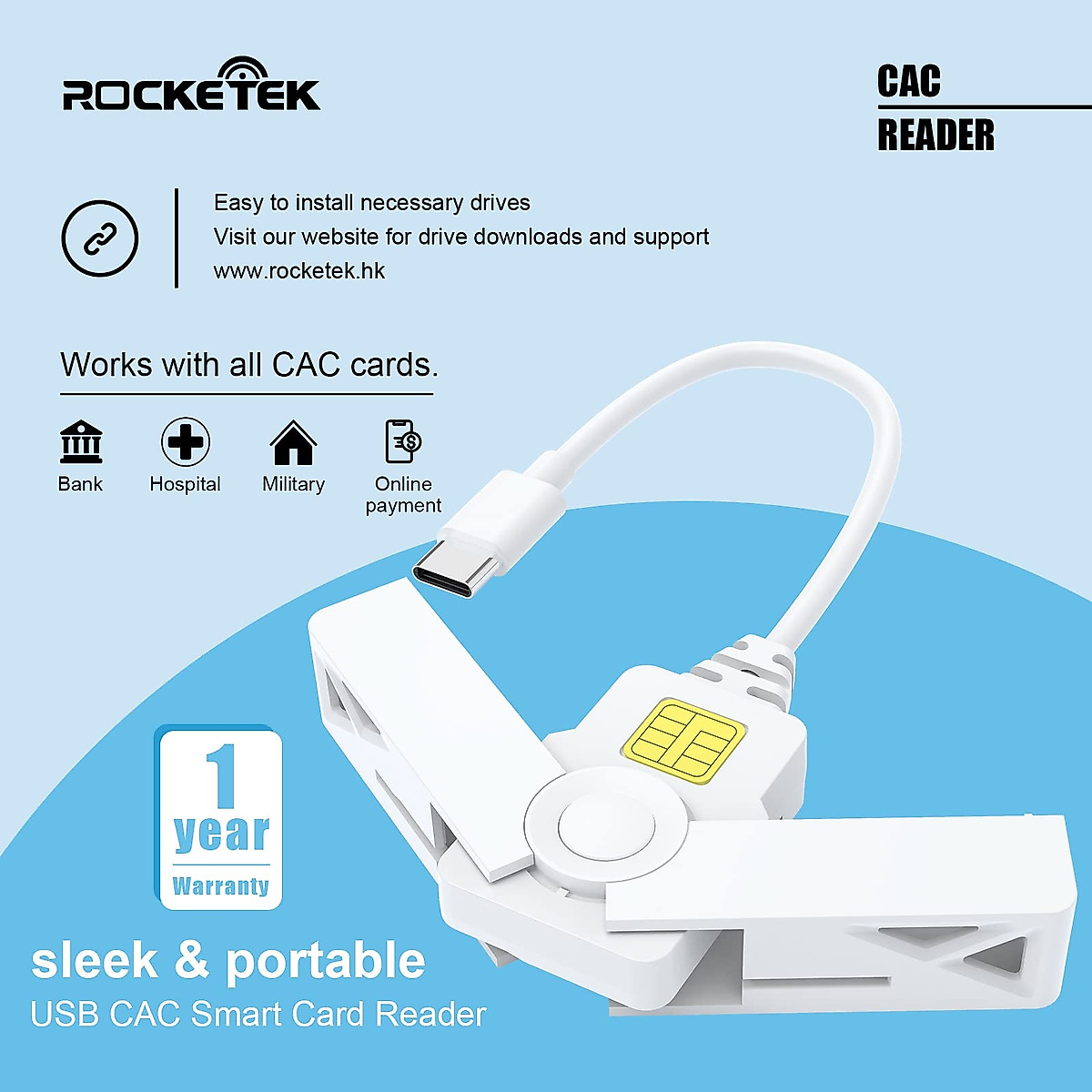 Type C CAC Reader, DOD Military USB C Common Access CAC Card Reader, USB C Smart Card Reader PIV CAC Reader Credit Card Reader Compatible with Windows, Mac OS(Mini Fold and Portable Type C)