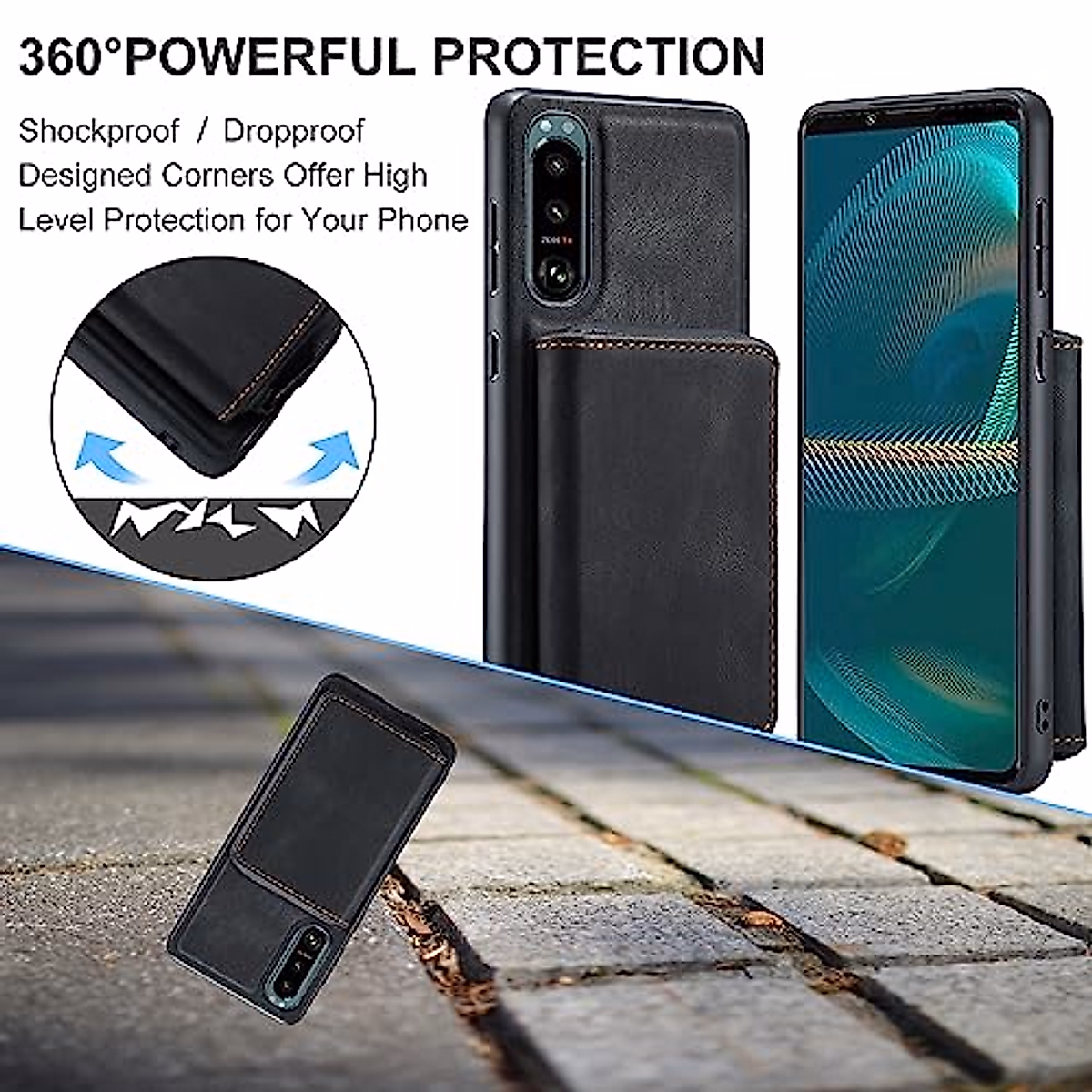 Phone Case for Sony Xperia 5 III 3 / Xperia5III 5G Wallet Cover with Tempered Glass Screen Protector and Credit Card Holder Zipper Stand Cell Accessories Experia 5III 5G XQ-BC72 Women Men Black