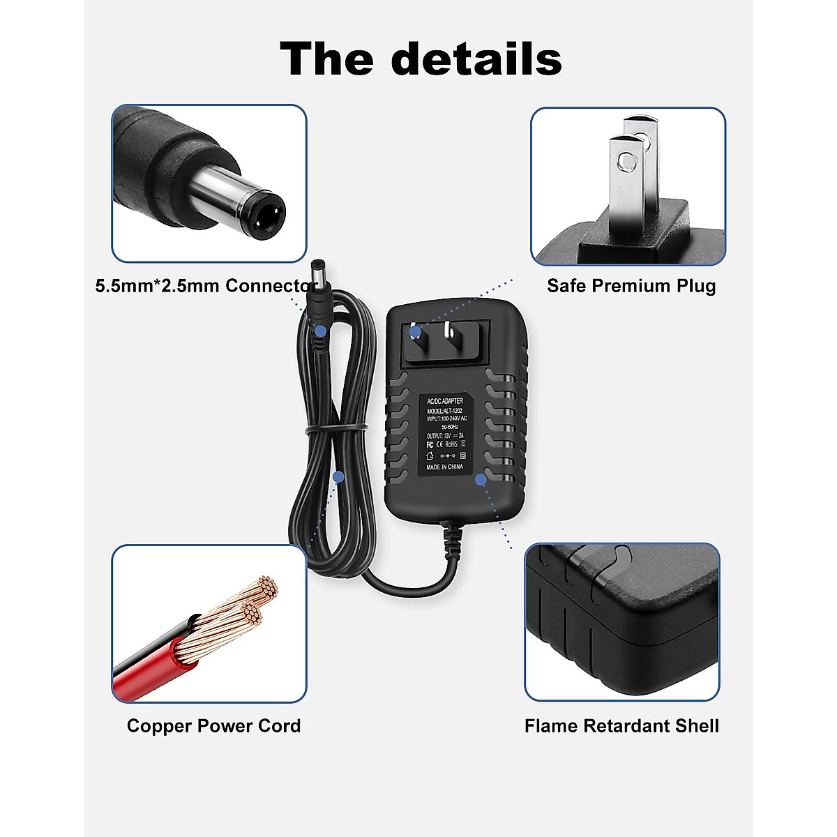 12V 2A DC Power Supply Adapter 12 Volt AC Adapter 100-240V 50-60Hz to DC 12V 2A Power Adapter Cord, 12V DC Power Supply 2A Adapter with 5.5mmx2.5mm DC Barrel & 1 Tip