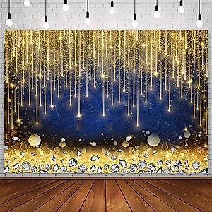 AIBIIN 7x5ft Royal Blue Gold Glitter Backdrop Gold Sparkle Bokeh Spot Diamond Birthday Boy Girl Homecoming Prom Graduation Wedding Bridal Shower Photography Background Party Decorations Banner Props