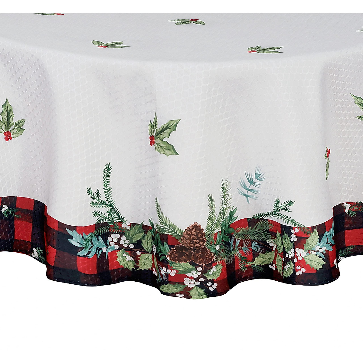 Lintex Aspen Red Black Plaid and Garland Bordered Christmas Tablecloth, Cottage Check Bordered Xmas and Holiday Print Easy Care Fabric Tablecloth, 70 Inch Round
