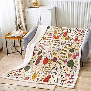 Cartoon Deer Throw Blanket Colorful Leaves Watercolor Plants Graffiti Fleece Blanket for Kids Teens Adults Cute Bird Butterfly Wild Animals Rustic Bed Blanket for Bed Couch Baby 30x40