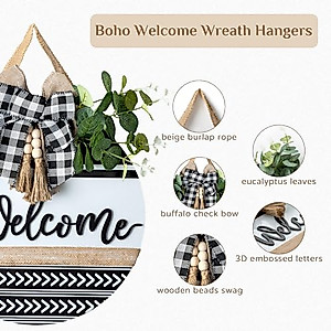 Welcome Sign for Front Door Decor - Walasis Hanging Welcome Signs for All Season Boho Wall Decoration 12inch Wooden Farmhouse Eucalyptus Wreath with Bow Beads for Home