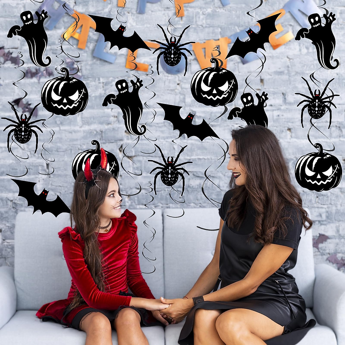 32Pcs Halloween Hanging Swirl Decorations, Halloween Party Decorations with Black Spider Pumpkin Sign Swirls for Home Indoor Outdoor Party Office Decor Supplies