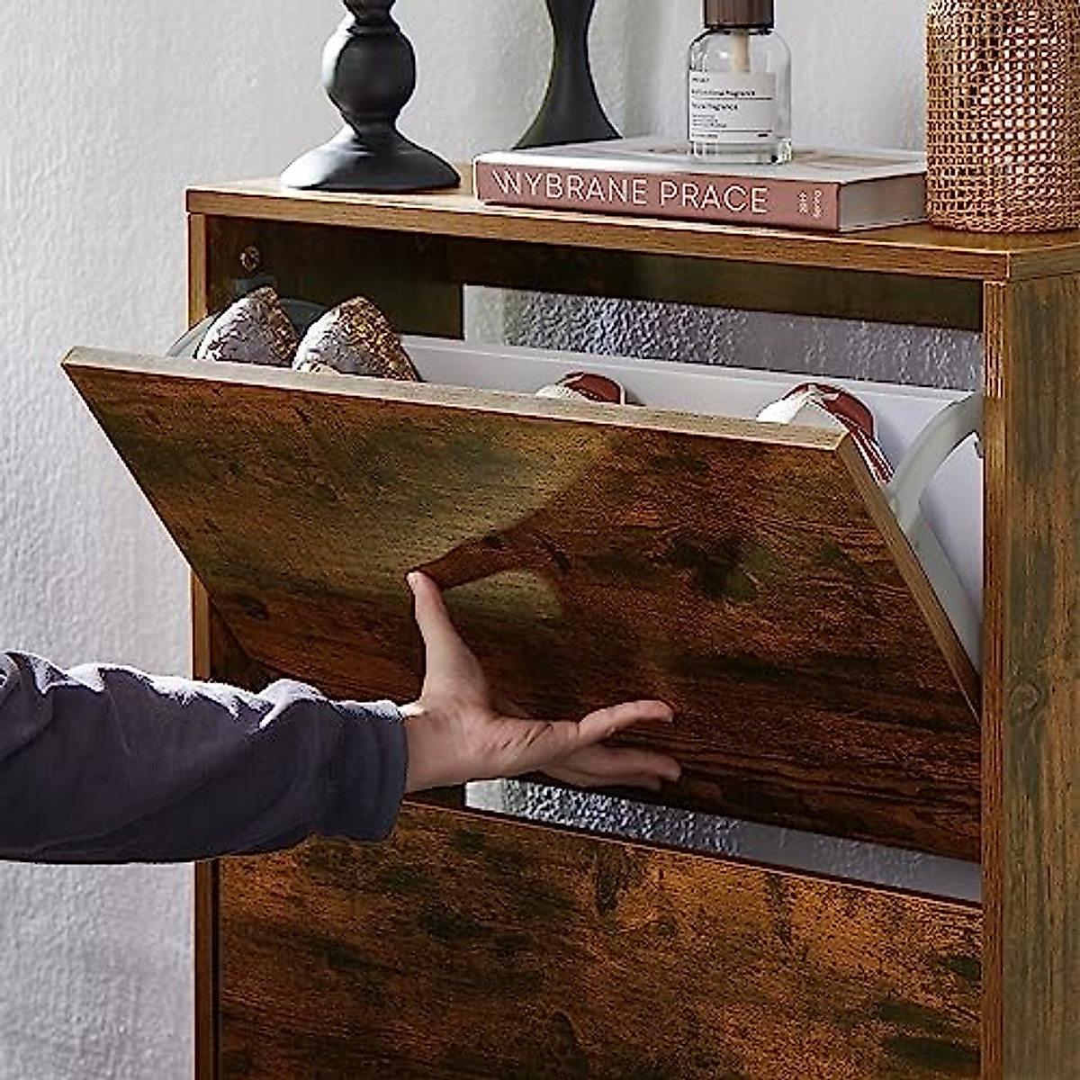 MYINDA 3-Tier Wooden Shoe Cabinet with Wooden Flip Doors for Storing 18-20 Pairs of Shoes, Suitable for Entryways, Office, Small Spaces (Brown)