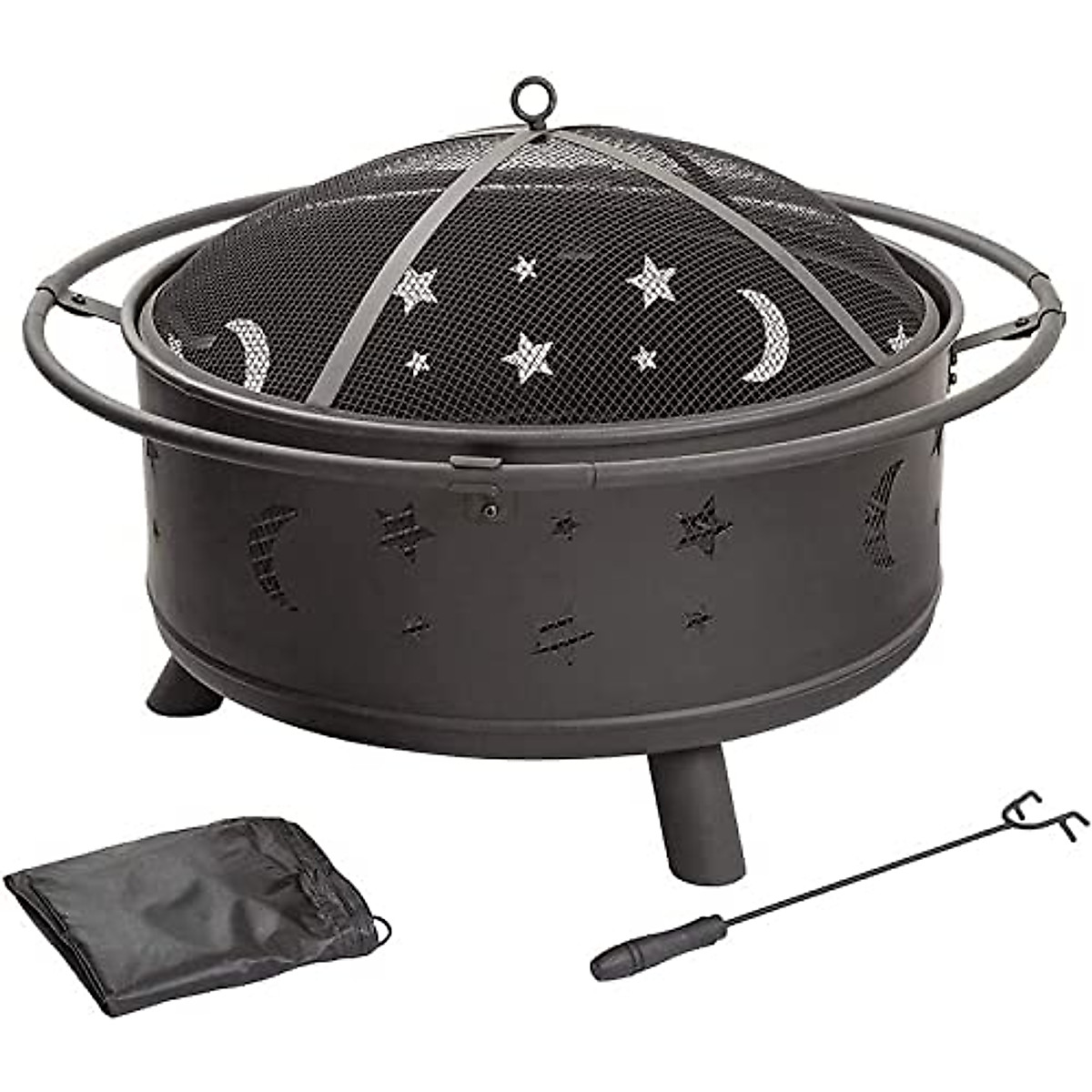 LEAYAN Garden Fire Pit Grill Bowl Grill Barbecue Rack Fire Pit with Grill Shelf, Outdoor Metal Brazier Star Moon Shape Garden Patio Heater Camping Bowl with Grill, Mesh Lid, Grate, Grid