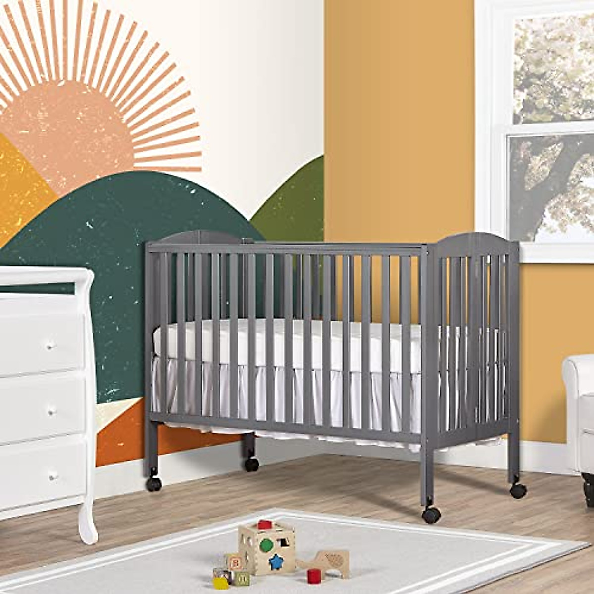 Dream On Me Full Size 2-in-1 Folding Stationary Side Crib in Steel Grey, Locking Wheels, Folds Flat for Storage, Comes with Teething Guard, Non-Toxic Finish