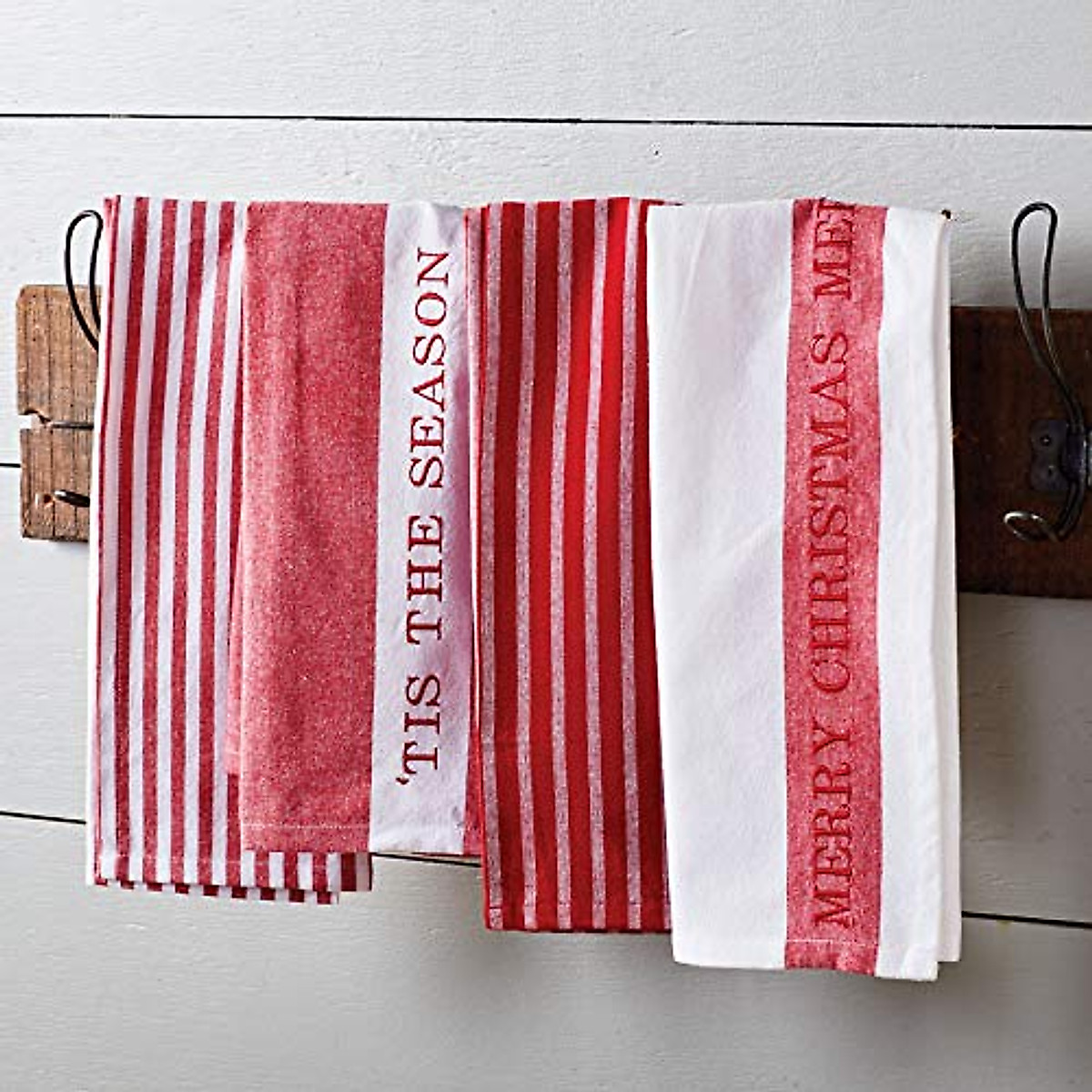 Mud Pie Tis The Season Red White Stripe Christms Dish Kitchen Towel Set of 2, 26" x 18"