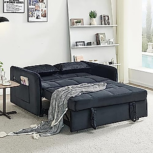 Sofa Couch w/Pull Out Sleeper Bed, 55.5” Black Velvet Upholstery Convertible Loveseat Twin Sofabed with Two Arm Pockets, 3-angle Adjustable Backrest Sofa, Build-in 2 USB Charger Ports for Living Room