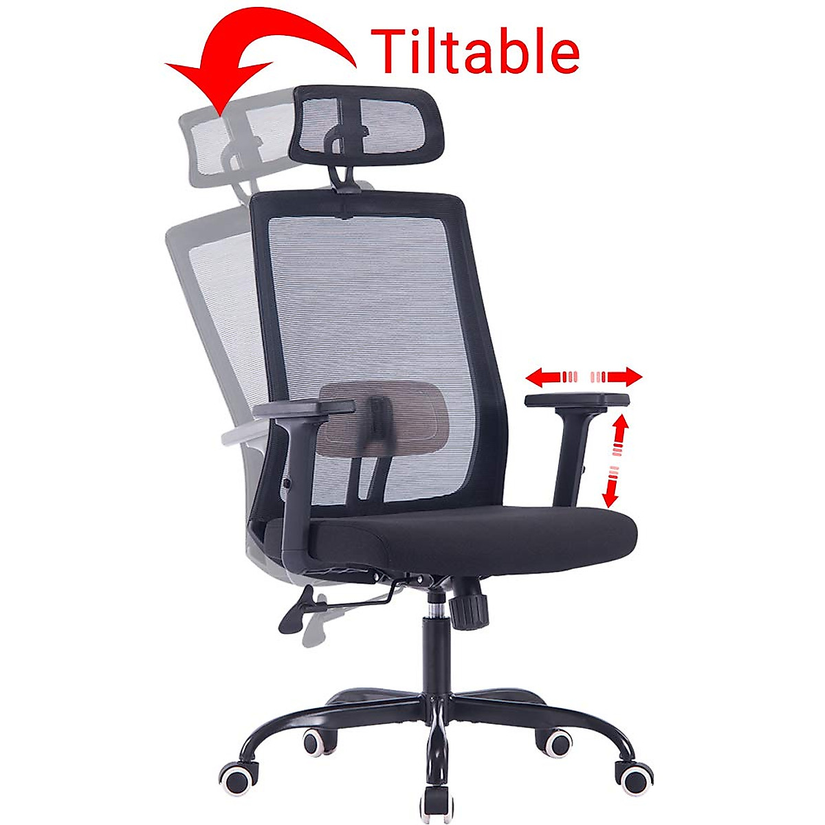 Whiterye Office Chair Lumbar Support Mesh Office Chair Swivel Desk Chair with Adjustable headrest and Armrest Ergonomic High Back Office Chair,Black.