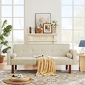 MWrouqfur Modern Fabric Sofa Bed Futon,Convertible Sleeper Loveseat with 2 Pillows and Armrests,75' Folding Recliner Couch Bed with Solid Wood Legs for Living Room Apartments Office (Beige), (0513)