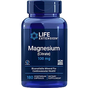 Life Extension Magnesium Citrate 100mg, 180 Veg Caps - Natural Mag Supplement - 100 mg Mineral Support Capsules - Vegan, Vegetarian, Non-GMO
