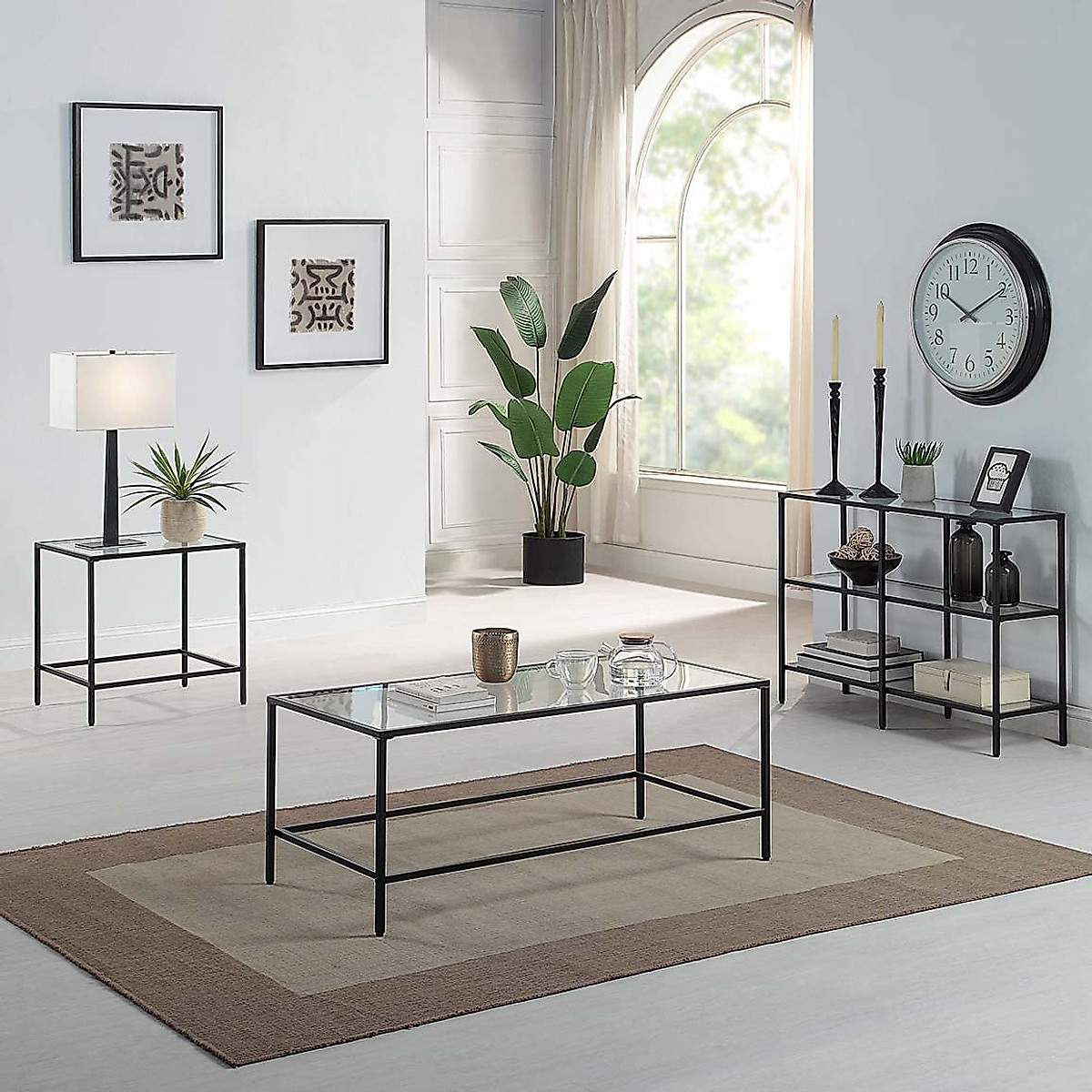 CAWS 22" W Black End Table, Tempered Glass Rectangle Side Table, Night Stand, Modern Minimalist Table, 21.97"L x 18"W x 22"H