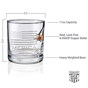 BenShot 'Merica Rocks Glass with Real 0.45ACP Bullet - 11oz | Made in the USA [Set of 2]