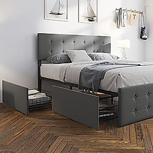 IDEALHOUSE Queen Platform Bed Frame with Storage and 4 Drawers, Button Upholstered Bed Frame with Drawers and Headboard, Mattress Foundation with Wood Slat Support, No Box Spring Needed