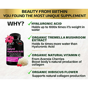 Natural Hyaluronic Acid Supplement 5X Stronger Hydration Pills from Pure Tremella Mushroom with Vitamin C & Hibiscus - Skin Supplement Anti Wrinkle Dietary Capsules - Hair Nails Vitamins