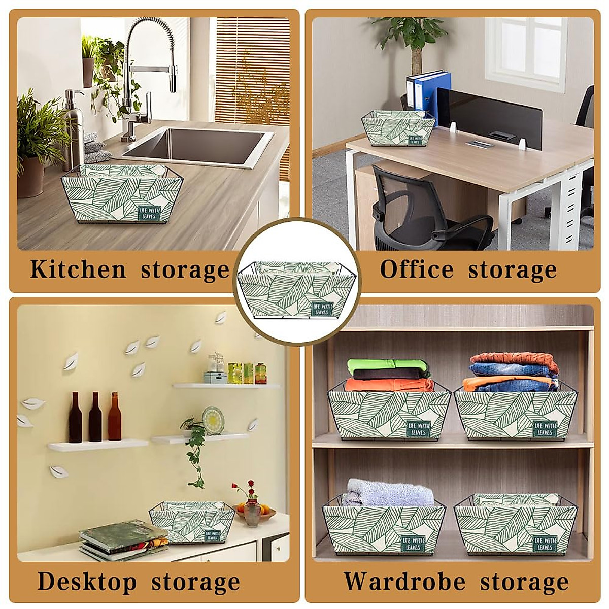 AIPOKE EPOCH Canvas Storage Basket Metal Holder Desk Table Organizer Home Decor, Green Leaf