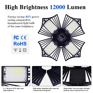 REEXBON Garage Lights Motion Sensor LED Shop Light 120W 12000LM Ceiling Light Deformable Barn Lights High Bay Light with 4 Adjustable Panels for Garage,Warehouse,Workshop,Attic,Basement