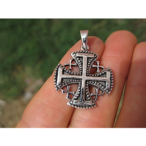 Himalayan Treasures 925 Sterling Silver Jerusalem Cross Fivefold Cross Crusaders Cross Emblem Medal Pendant Necklace A12