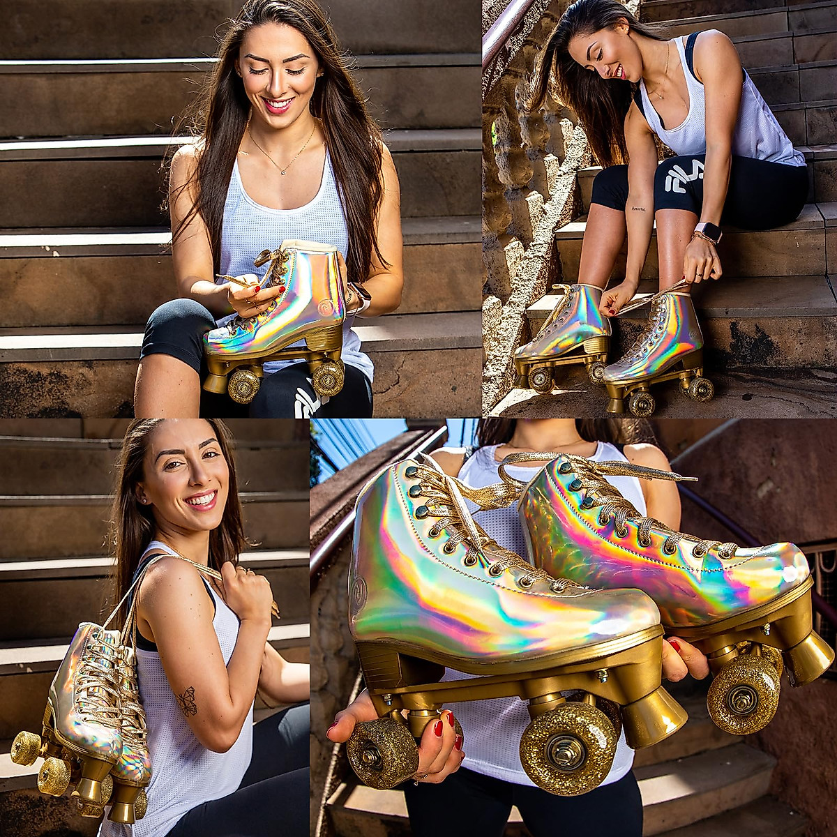 JajaHoho Roller Skates for Women, Holographic High Top PU Leather Rollerskates, Shiny Double-Row Four Wheels Quad Skates for Girls and Age 8-50 Indoor Outdoor (Size 8, Champagne Gold)