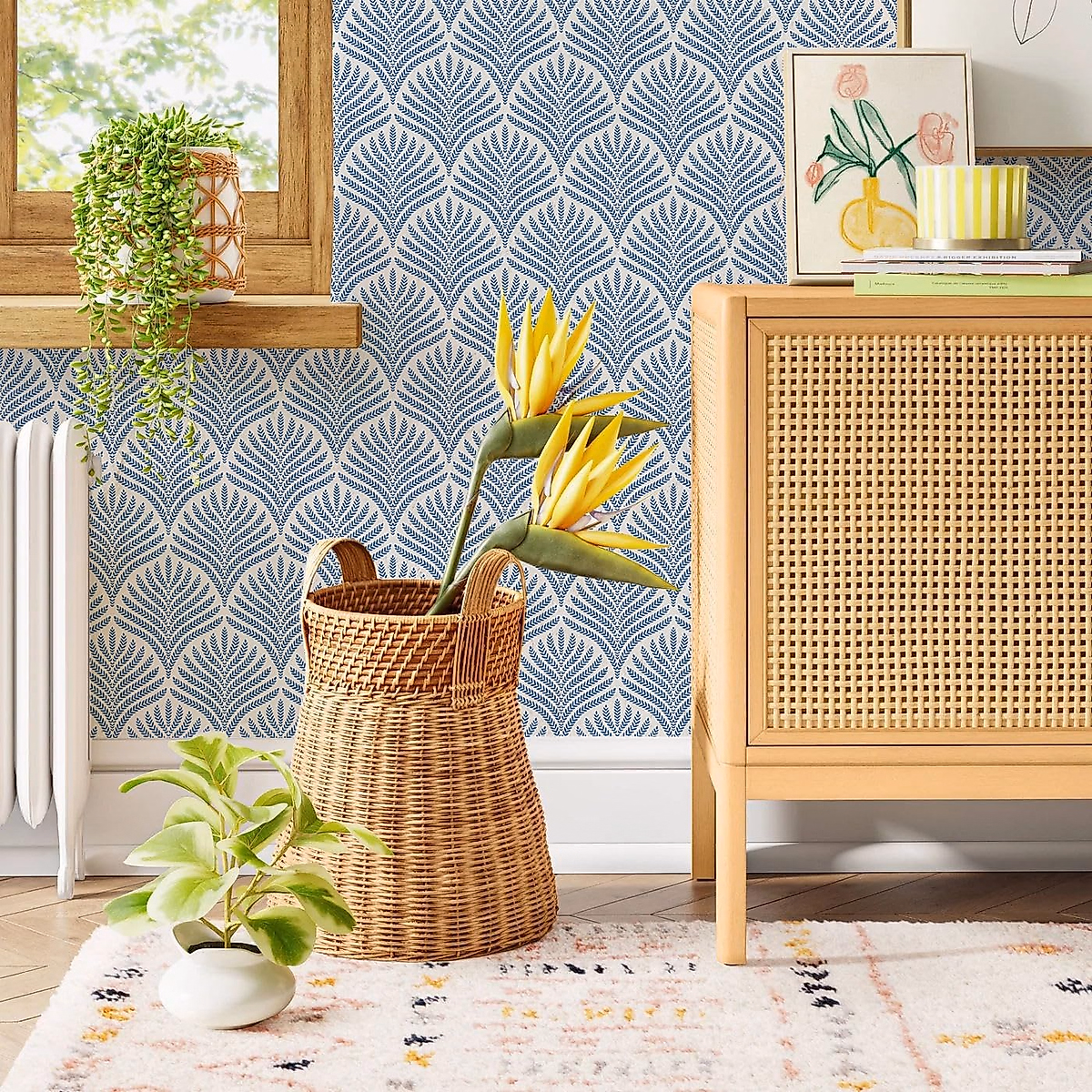 Cohoo Home Blue White Wallpaper Peel and Stick Wallpaper Boho Contact Paper for Cabinet Modern Wallpaper Self-Adhesive Wallpaper Leaf Leaves Geometric Wallpaper Bathroom Bedroom Waterproof 17.3“×393”