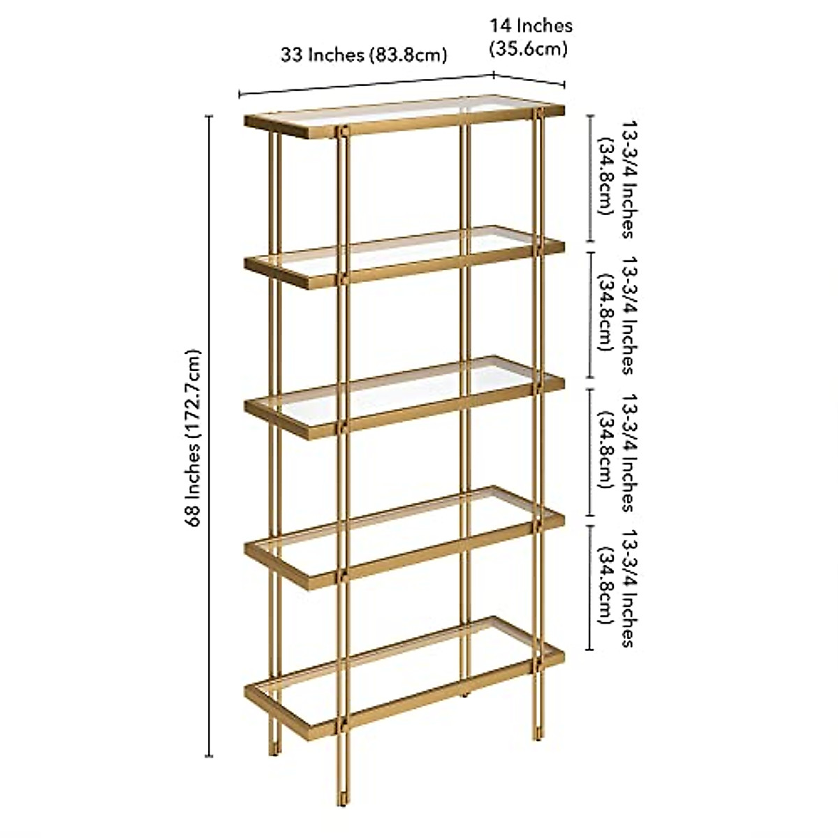 Henn&Hart 68" Tall Rectangular Bookcase in Brass, for Home Office, Living Room