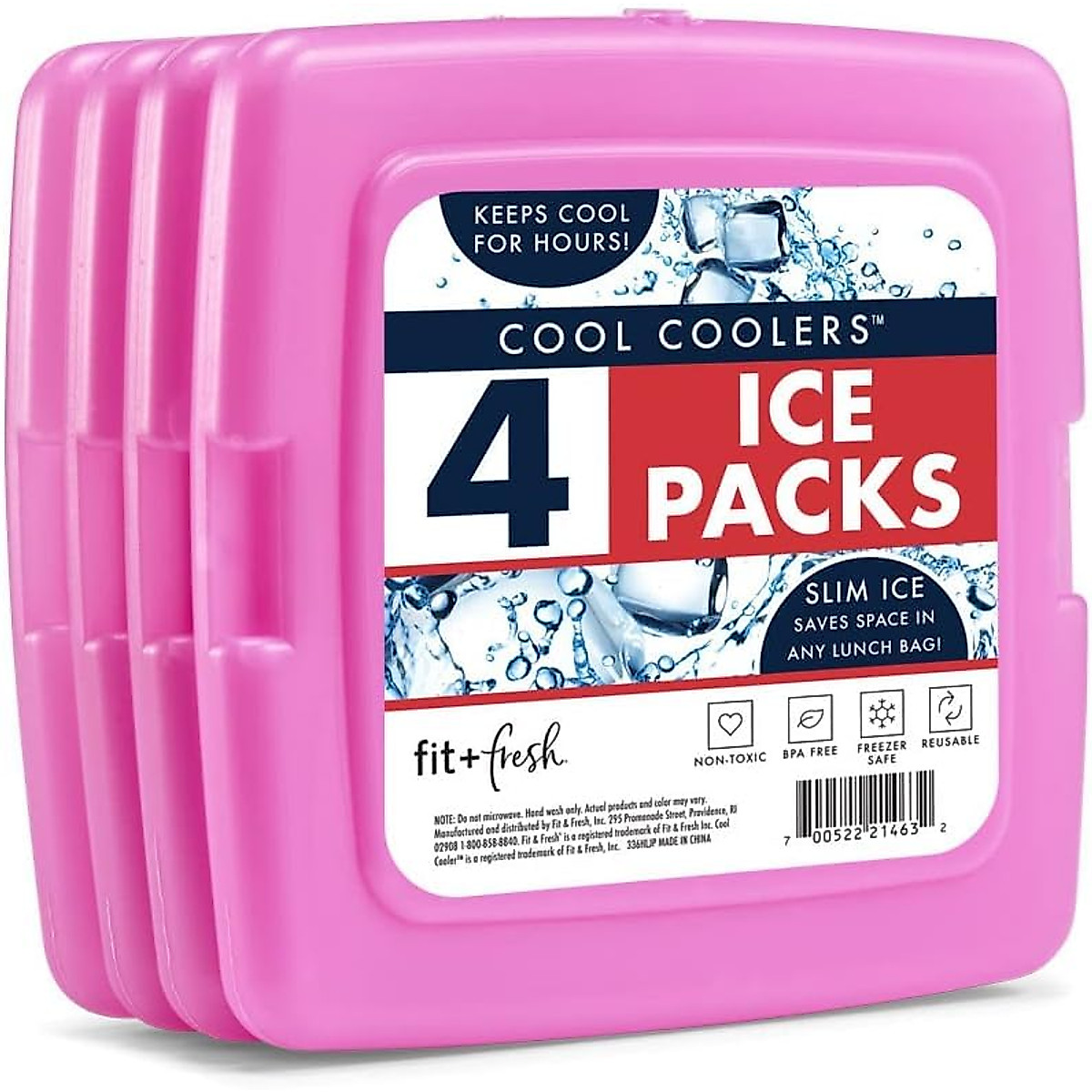 Cool Coolers by Fit & Fresh 4 Pack Slim Ice Packs, Quick Freeze Space Saving Reusable Ice Packs for Lunch Boxes or Coolers, Purple