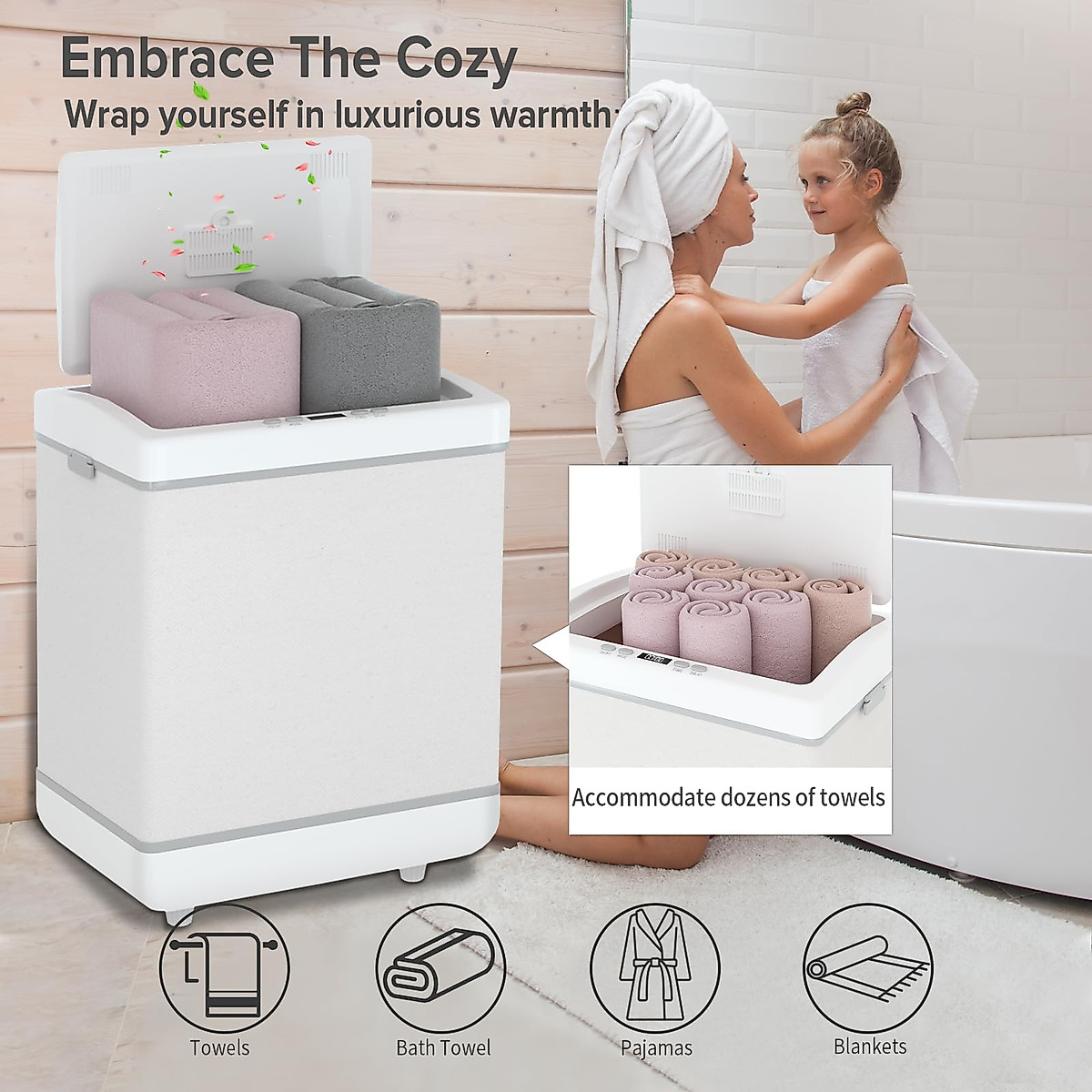 Floisdace Towel Warmers for Bathroom, 35L Foldable Hot Towel Warmer, Towel and Blanket Warmer Fits Oversized Towels, Large Bucket for Towels, Luxury Towel Warmer Spa for Home, Hotel, White