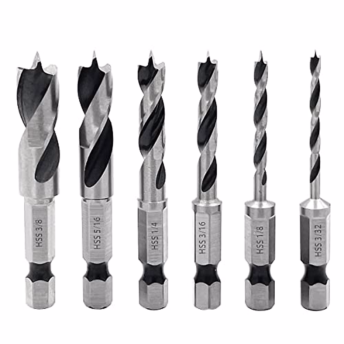 Saipe 6pcs 1/4" Quick Change Hex Shank Wood Brad Point Stubby Short Drill Bit Set HSS 4241 Woodworking Drill for Right Angle Drill and Used in Tight Spaces