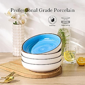 KOLLOV Pasta Bowls, 40oz Large Salad Bowl Set of 4, Ceramic Serving Soup Bowls Plates for Kitchen, Microwave & Dishwasher Safe (Blue)