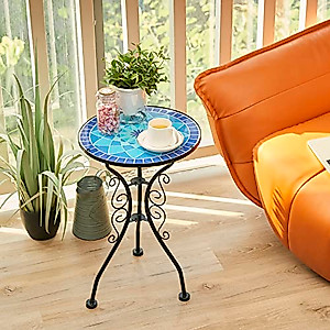 HL3NIGIM Outdoor Side Table, 14" Round Mosaic Patio Side Table Accent Table Bistro Coffee Glass Table Plant Stand for Garden Porch Living Room Balcony Deck Porch Pool