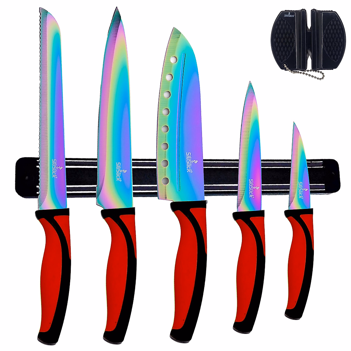 SiliSlick Kitchen Knife Set Professional, Titanium Coated Stainless Steel Blades, Dishwasher Safe, Safety Sheaths, 5 Knives