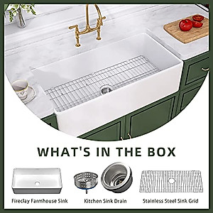 TUKTUK White Farmhouse Sink 36 Inch Fireclay Apron Front Single Bowl Kitchen Sinks Deep Drop In Farm Sink Undermount Luxury Bottom Grid & Strainer Drain Included