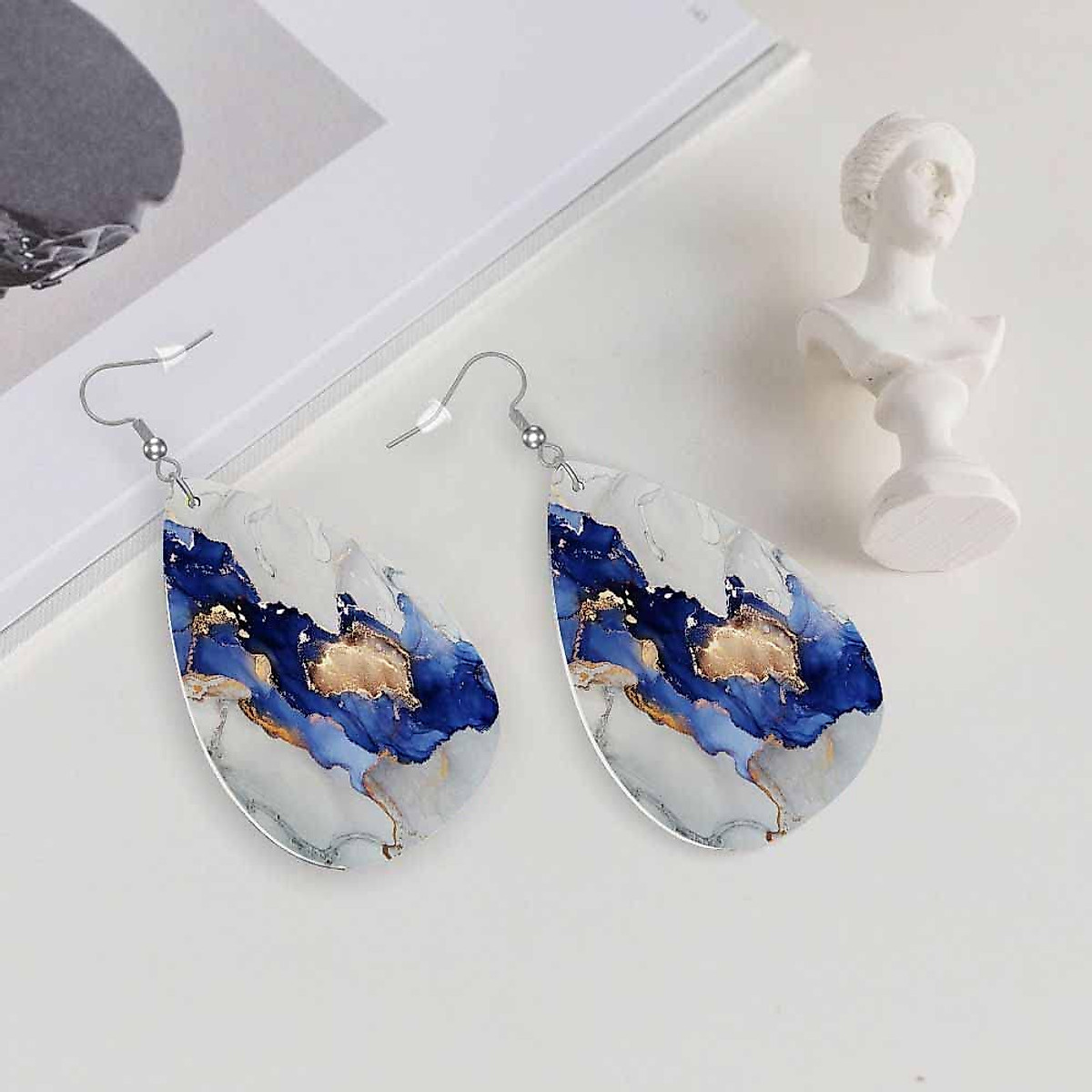 Blue and Gold Marble Earrings for Women Liquid Alcohol Ink Fluid Teardrop Dangle Faux Leather Earrings Holiday Earrings for