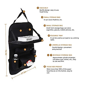 TYSKL Car Back Seat Organizers,PU Leather Car Back Seat Organizer,Back Seat Organizer with Tray and Storage Leather for Kids Toy Bottle Drink Vehicles Travel Accessories (2 - pack, Black)