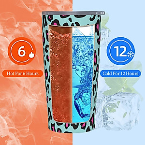 JASROTAO Blue Pink Leopard Tumbler,Leopard 20oz Stainless Steel Insulated Travel Tumbler,Travel Coffee Mug with Lid and Straw Water Bottle Drink Tumbler Cups Gifts for Women Men Lovers