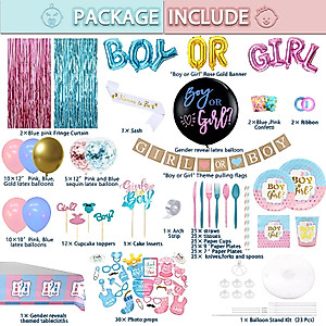 Guudmua 312 Pcs Gender Reveal Decorations, Baby Gender Reveal Party Supplies- Disposable Dinnerware Set With Pink and Blue (25 Guest), Boy or Girl Banner, Balloon, Sash, Cake Topper, Photo Props
