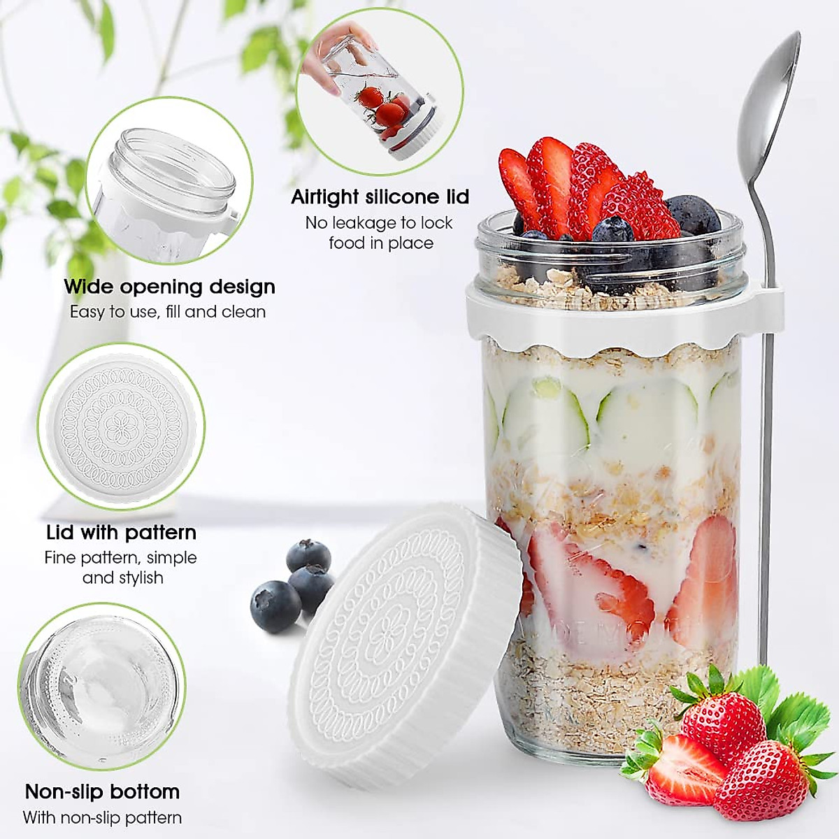 Overnight Oats Jars Containers with Silicone Lid and Spoon 16 oz,for Oats Yogurt,Milk,Fruit,breakfast,Leak-Proof Reusable Portable with Measurement Marks Food Storage Container-2 White