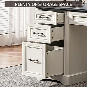 Spurgehom 58-Inch Executive Desk, Farmhouse Computer Desk with Drawers and Storage Cabinet, Wooden Home Office Desk Workstation, Study Writing Table, White&Black