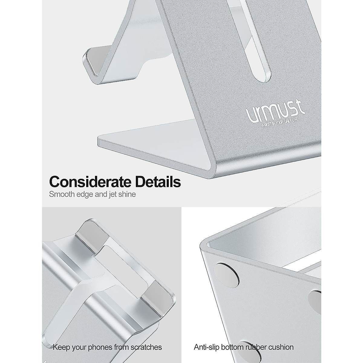 Urmust Desk Cell Phone Stand Holder Aluminum Phone Dock Cradle Compatible with Switch, for iPhone 14 13 12 11 Pro Xs Xs Max Xr X 8 7 6 6s Plus 5 5s 5c, Office Decor Accessories Desk (Silver)