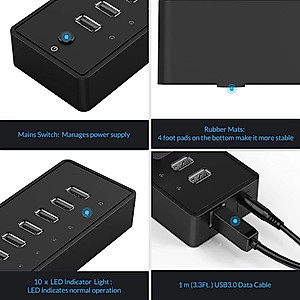 SHYPT USB HUB 10 Port ABS USB2.0 HUB with 12V Power Adapter High Speed USB Splitter for PC Computer Accessories 1M Data Cable
