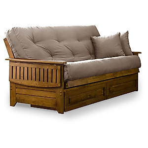Nirvana Futons Brentwood Tray Arm Futon Frame, Drawers, and Microfiber Khaki Mattress Set - Full, Heritage Finish