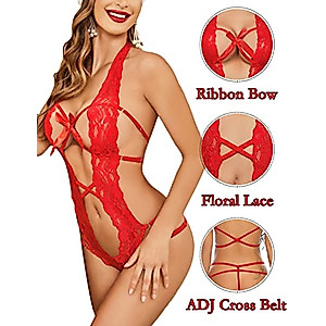 Avidlove Sexy Lingerie Women Deep V Halter Lingerie Teddy One Piece Bodysuit Lace Babydoll lingerie crotchless lace lingerie Red Large