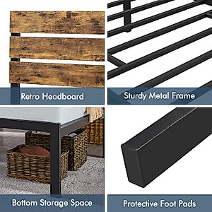 Yaheetech Twin Bed Frames Metal Bed with Modern Rustic Wooden Headboard, No Box Spring Needed/12'' Underbed Storage/Easy Assembly, Brown Twin Bed
