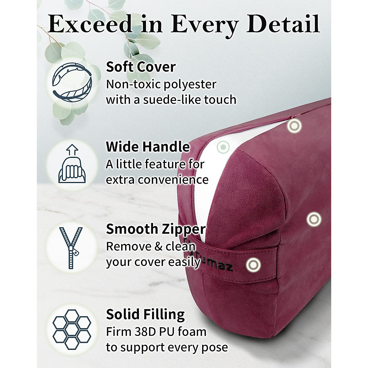 Tumaz Yoga Bolster Set - Rectangular Yoga Bolster Pillow for Restorative Yoga, Soft Meditation Pillow with Carry Handle and 8-Feet Yoga Strap, Machine Washable Cover